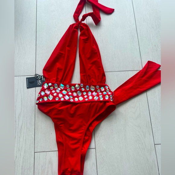 Omg Swim Omg Rhinestone Swimsuit Brand New Very Sexy Scrunch Bottom Red Large Poshmark